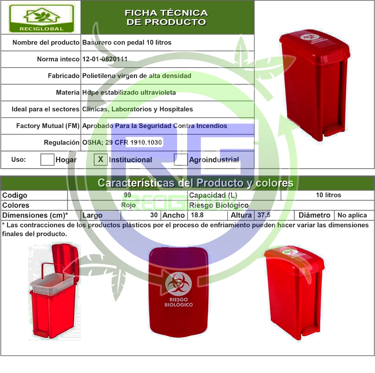 BASURERO RIESGO BIOLOGICO 10LTS CON PEDAL ROJO COD. 99 – Basureros para ...