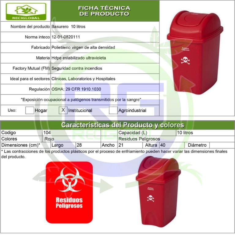 BASURERO RIESGO BIOLOGICO TAPA VAIVEN 10 LTS ROJO COD. 104 – Basureros ...
