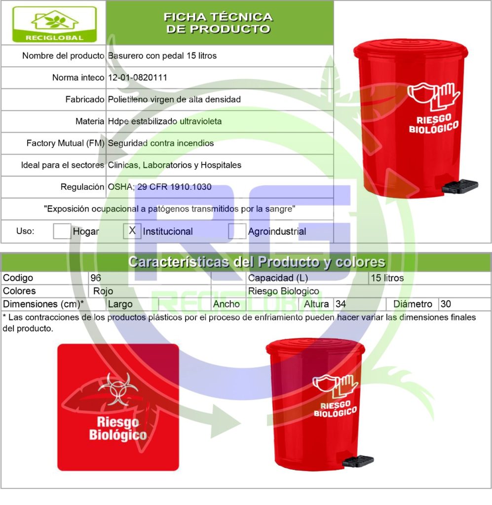 BASURERO RIESGO BIOLOGICO CON PEDAL 15 LTS ROJO COD. 96 – Basureros ...