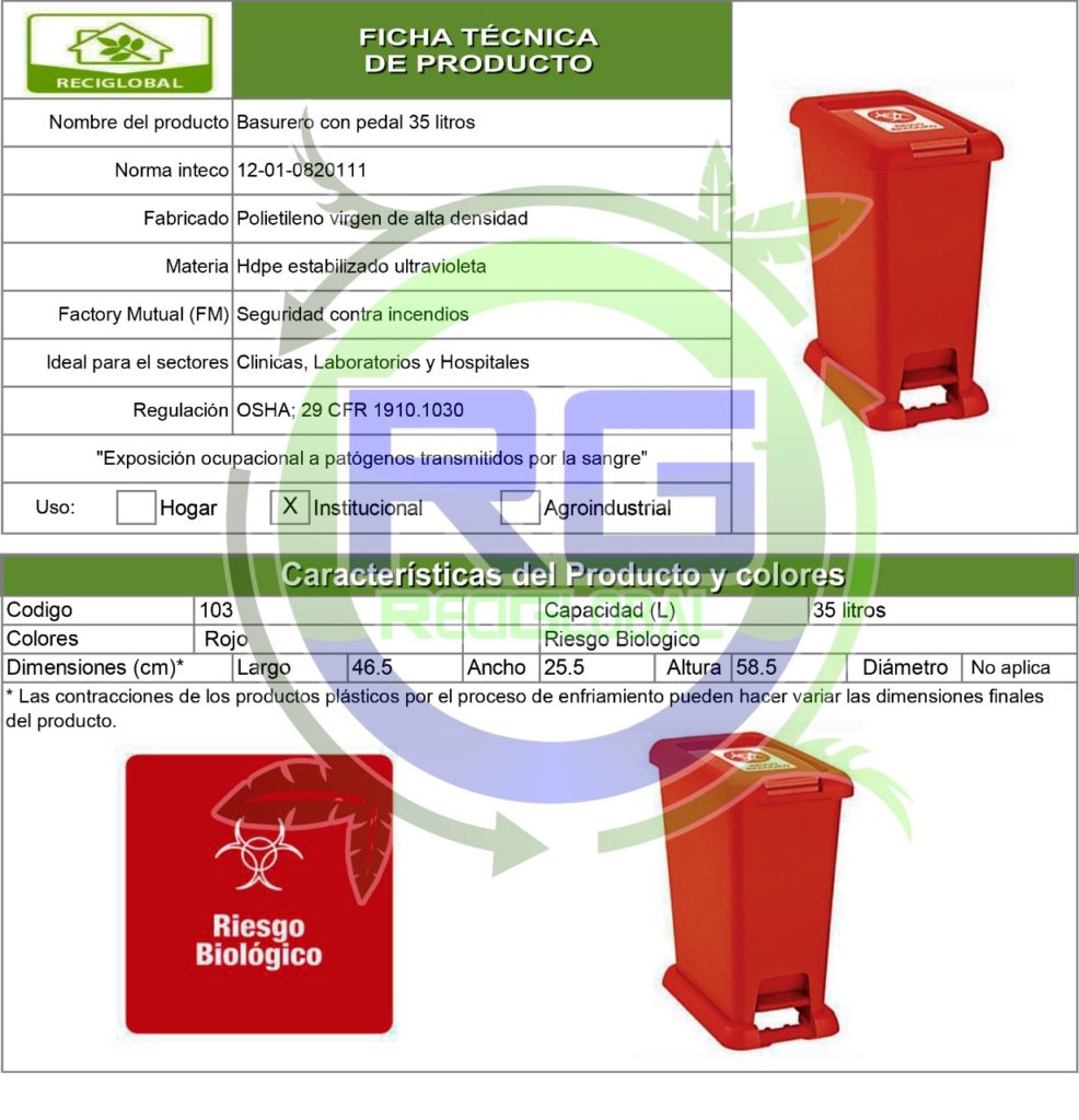 BASURERO 35 LTS CON PEDAL COLOR ROJO COD. 103 – Basureros para ...