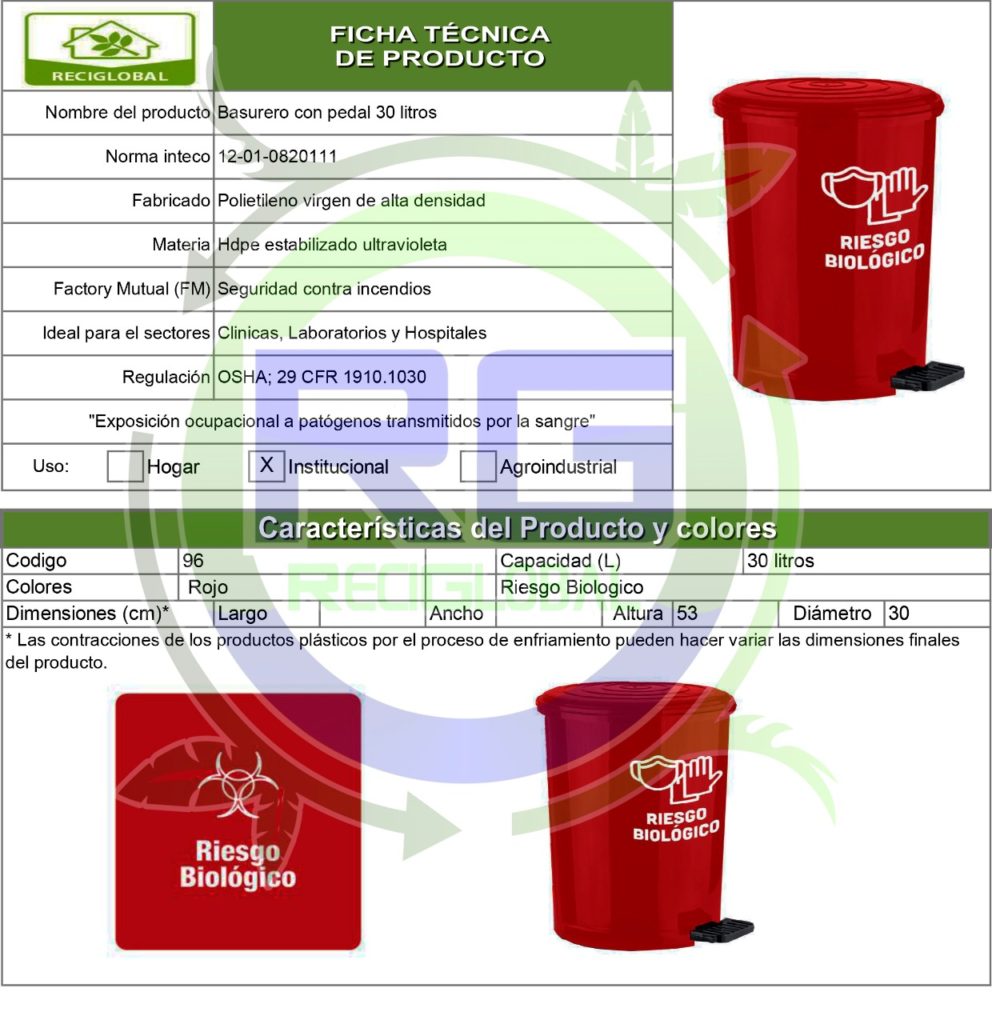 BASURERO RIESGO BIOLOGICO CON PEDAL 30 LTS ROJO COD. 98 – Basureros ...
