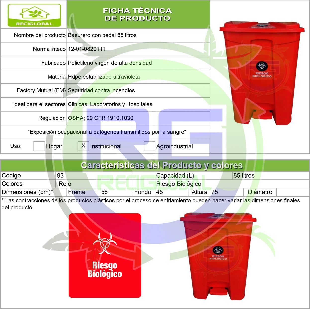 BASURERO RIESGO BIOLOGICO CON PEDAL 85 LTS ROJO COD. 93 – Basureros ...