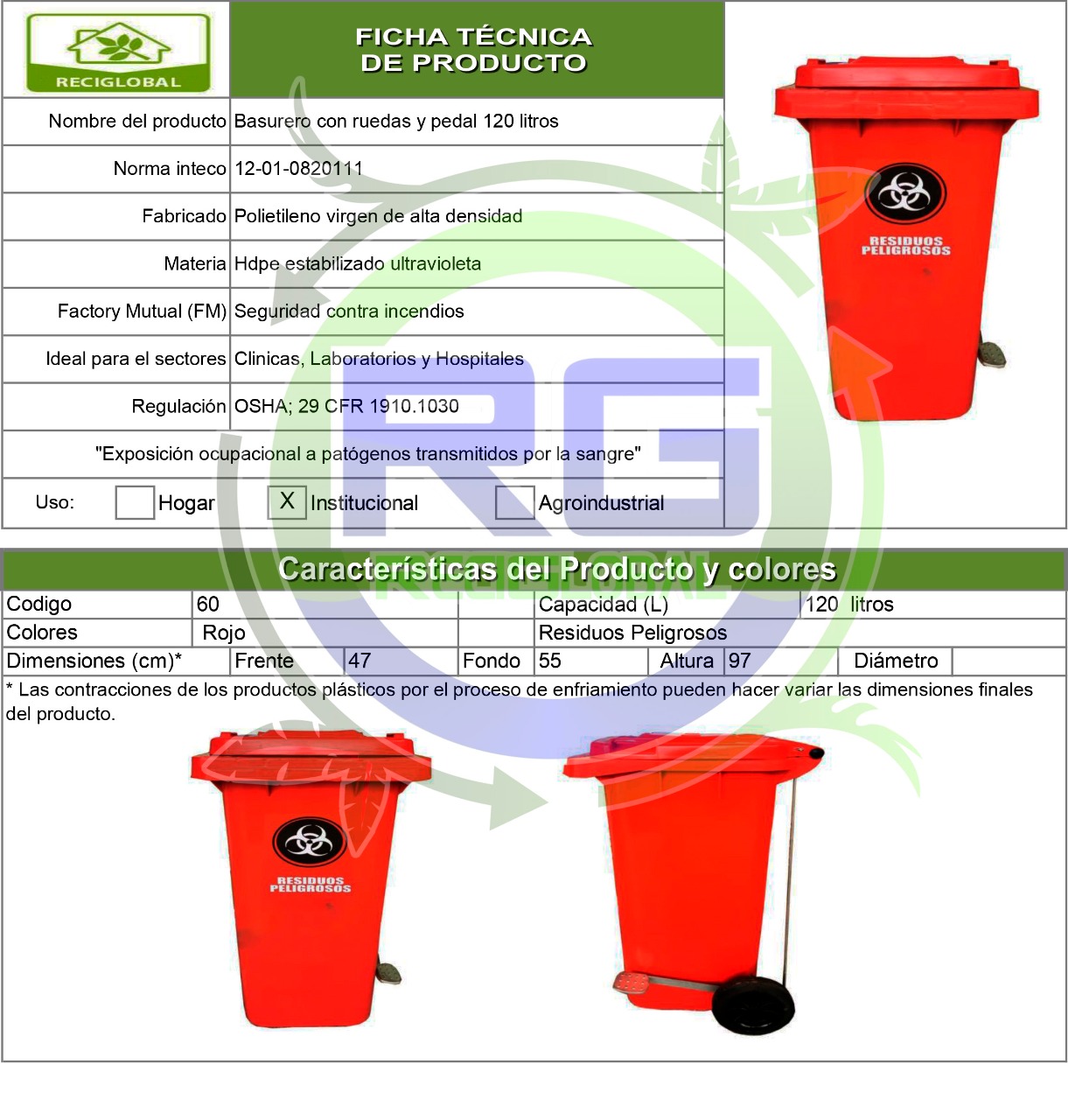 BASURERO RIESGO BIOLOGICO CON RUEDAS Y PEDAL DE 120 LTS ROJO COD. 60 ...