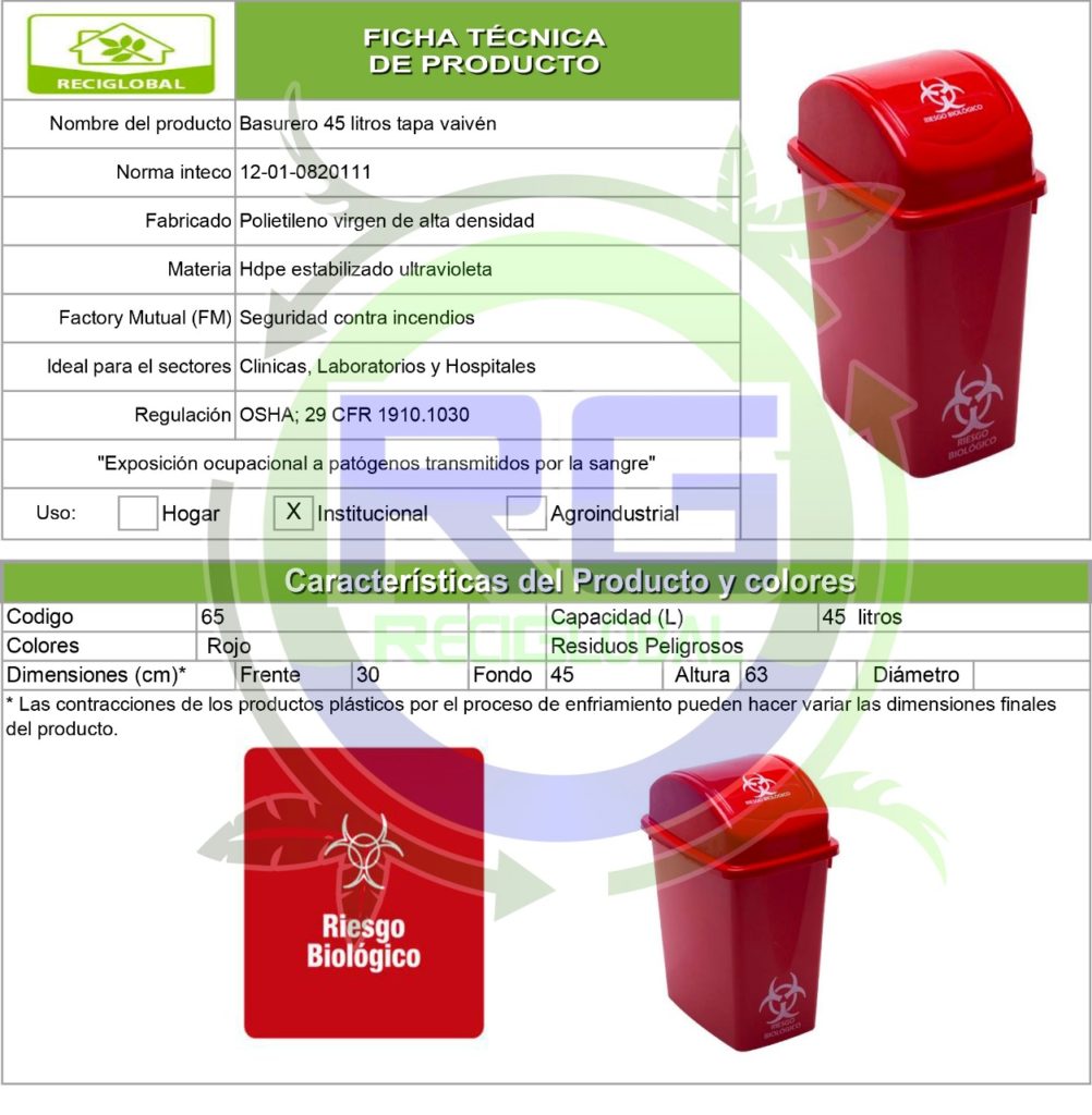 BASURERO RIESGO BIOLOGICO 45 LTS ROJO COD. 65 – Basureros para ...