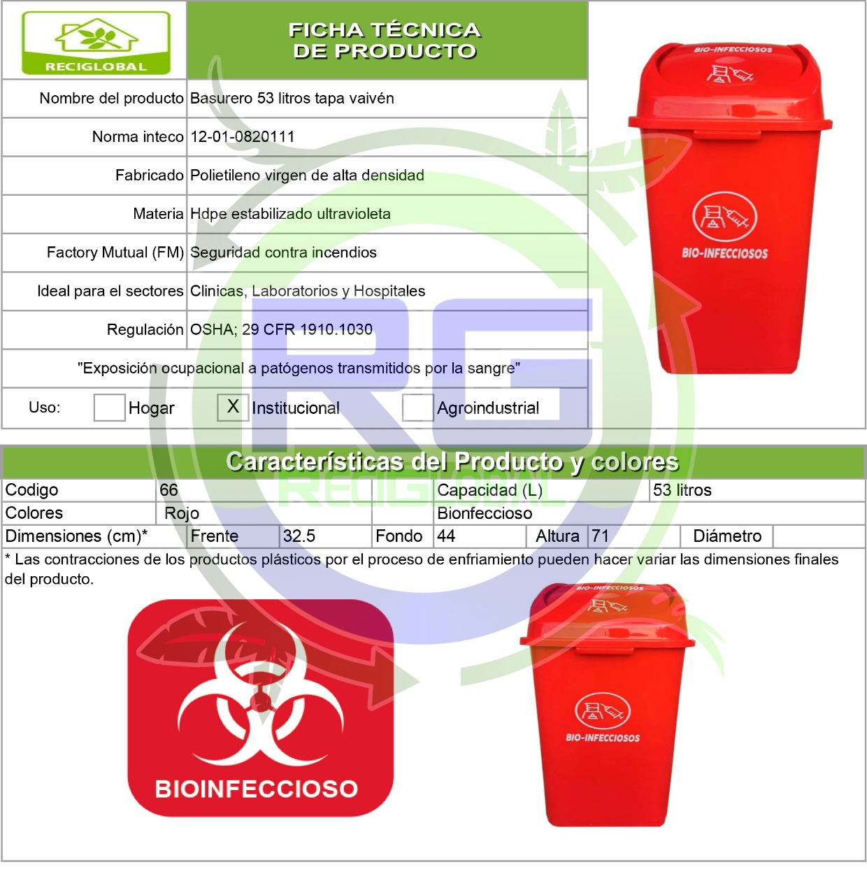 BASURERO RIESGO BIOLOGICO 53 LTS TAPA VAIVEN ROJO COD. 66 – Basureros ...
