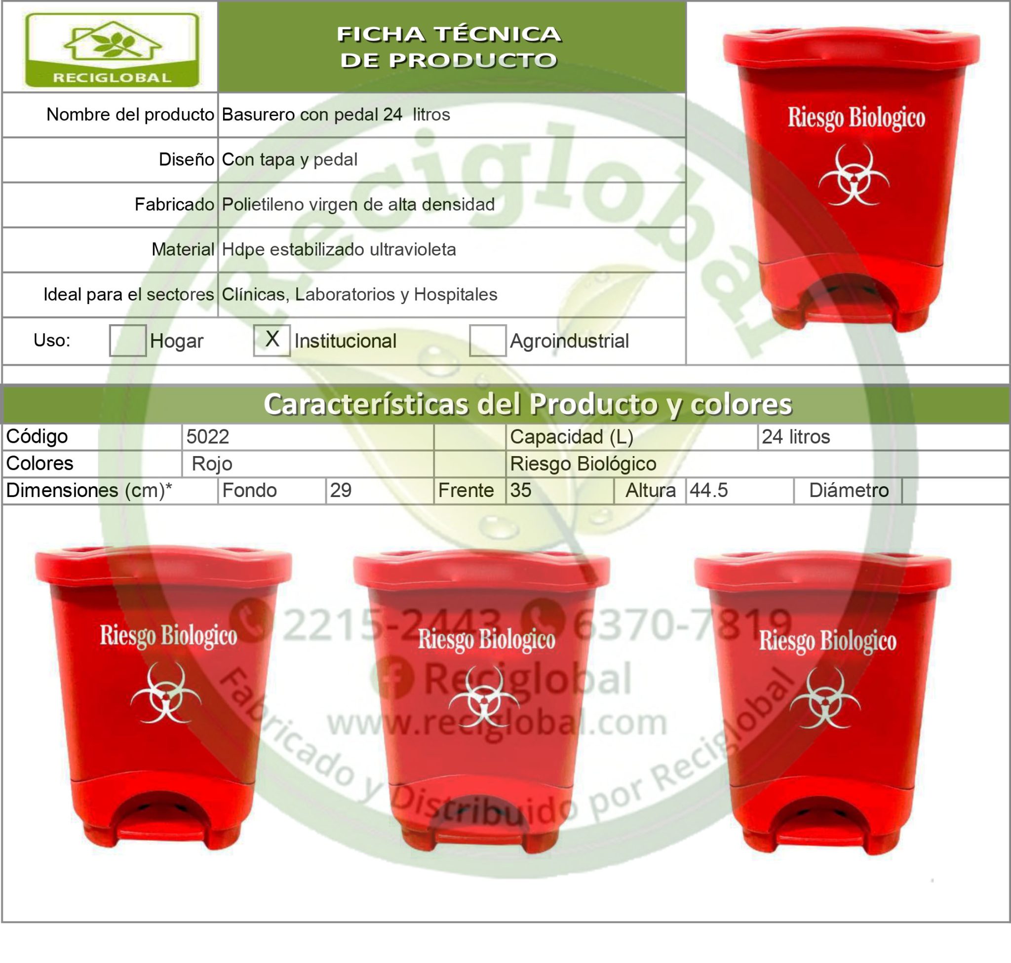 BASURERO PLÁSTICO CON TAPA Y PEDAL RIESGO BILOGICO 24 LITROS COD.5022 ...